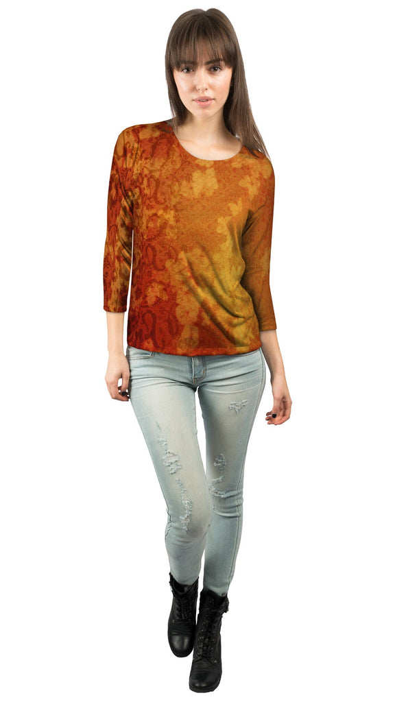 Bindi Indian Pattern Red Orange Womens 3/4 Sleeve | Yizzam