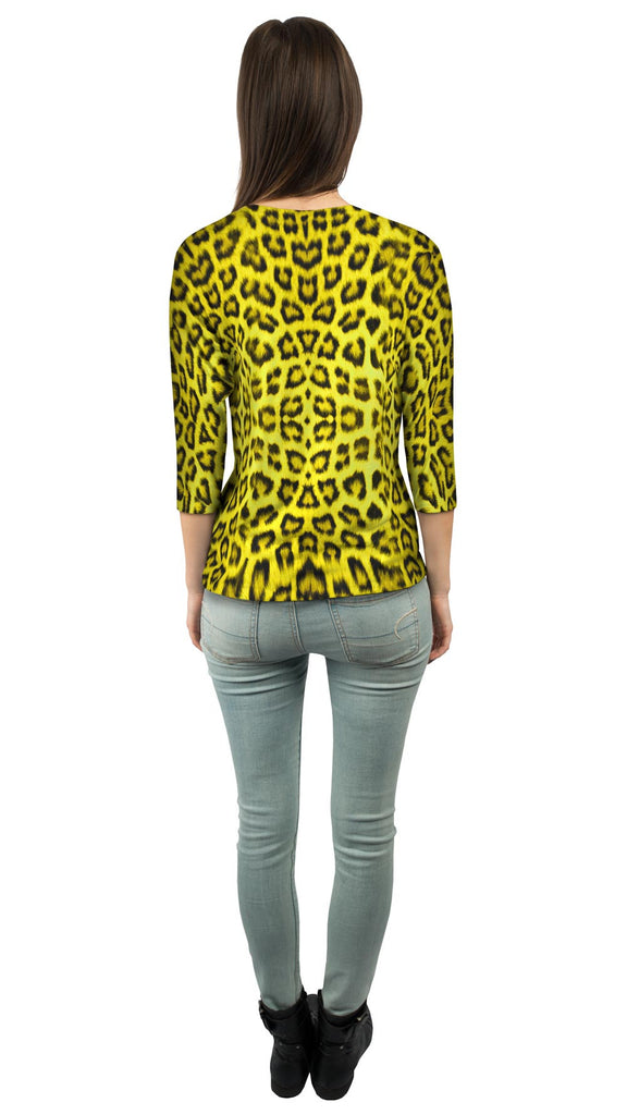 Neon Yellow Leopard Animal Skin Womens 3/4 Sleeve | Yizzam